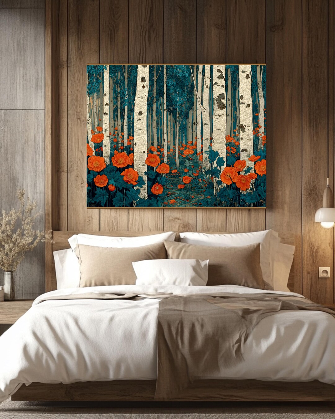 Birch Tree Forest Art Print | Japanese Woodblock Landscape With Orange ...