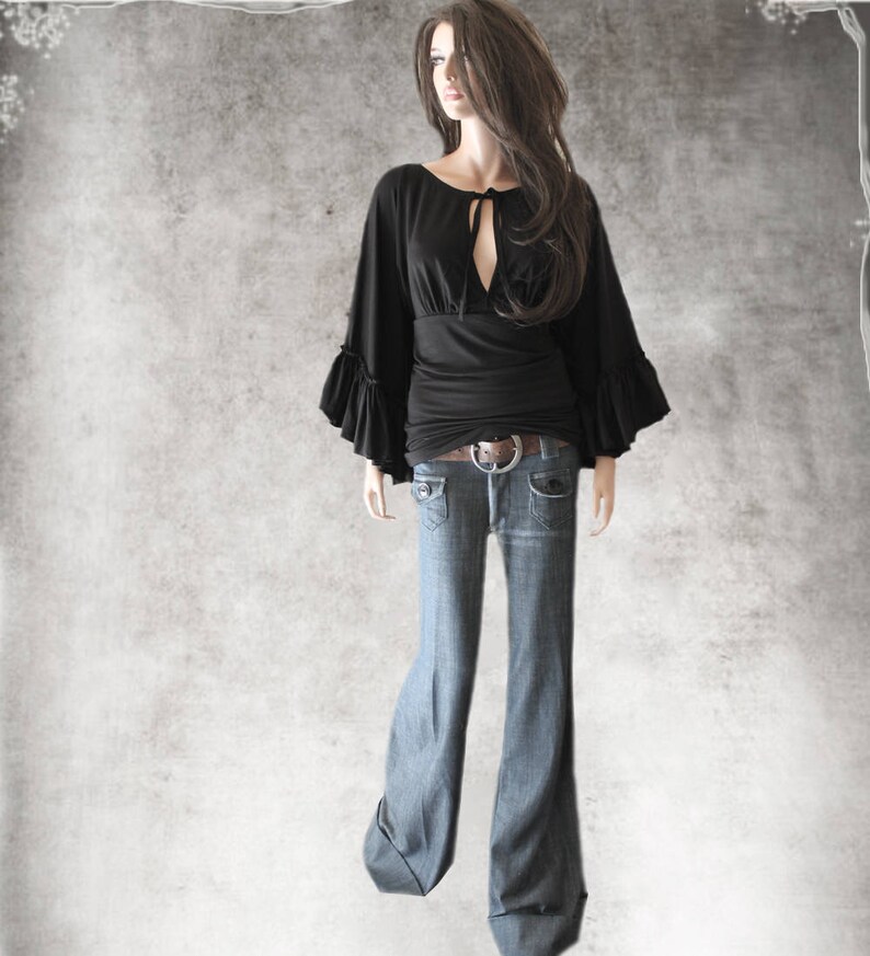 Black Tie Neck Keyhole Top, Big Ruffle Long Sleeve Flare, Tratgirl - Etsy