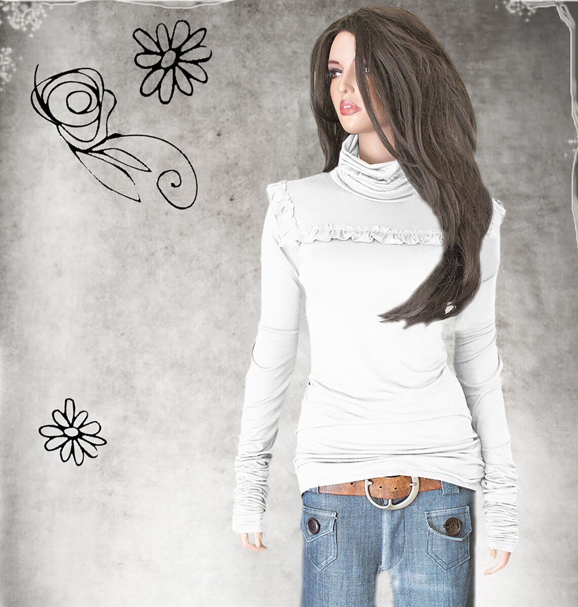 High Turtle Neck Square Chest Ruffle Office Coordinate - Etsy