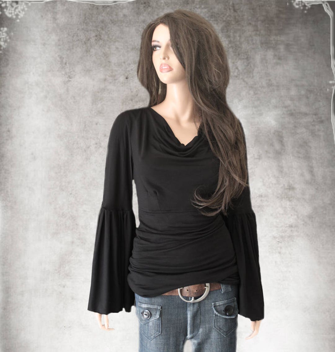 Drape Neck Top, Empire Waist Seam, Bell Long Sleeve Blouse, Tratgirl - Etsy