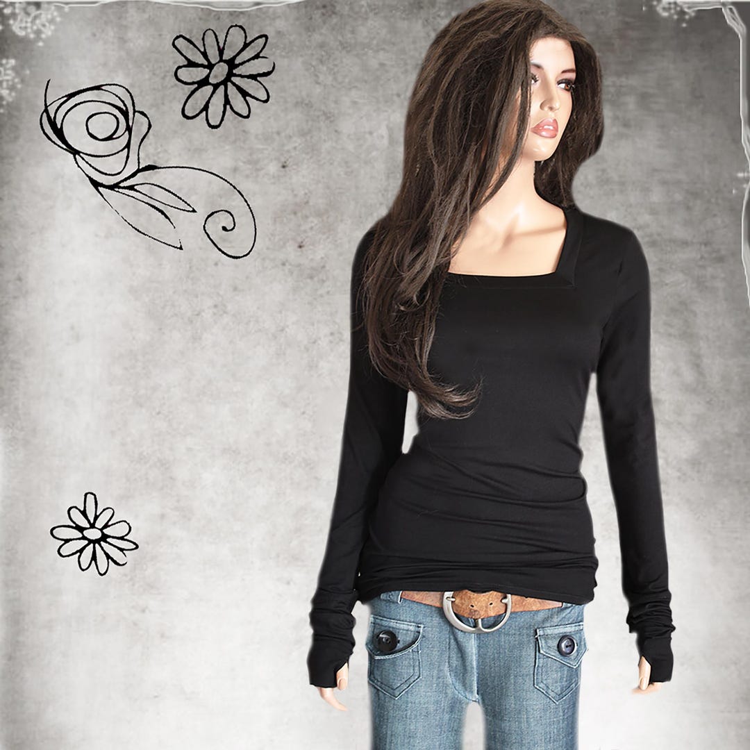 Square Neck Top, Thumbhole Sleeve Extra Long, Pull Over Knit Woman ...