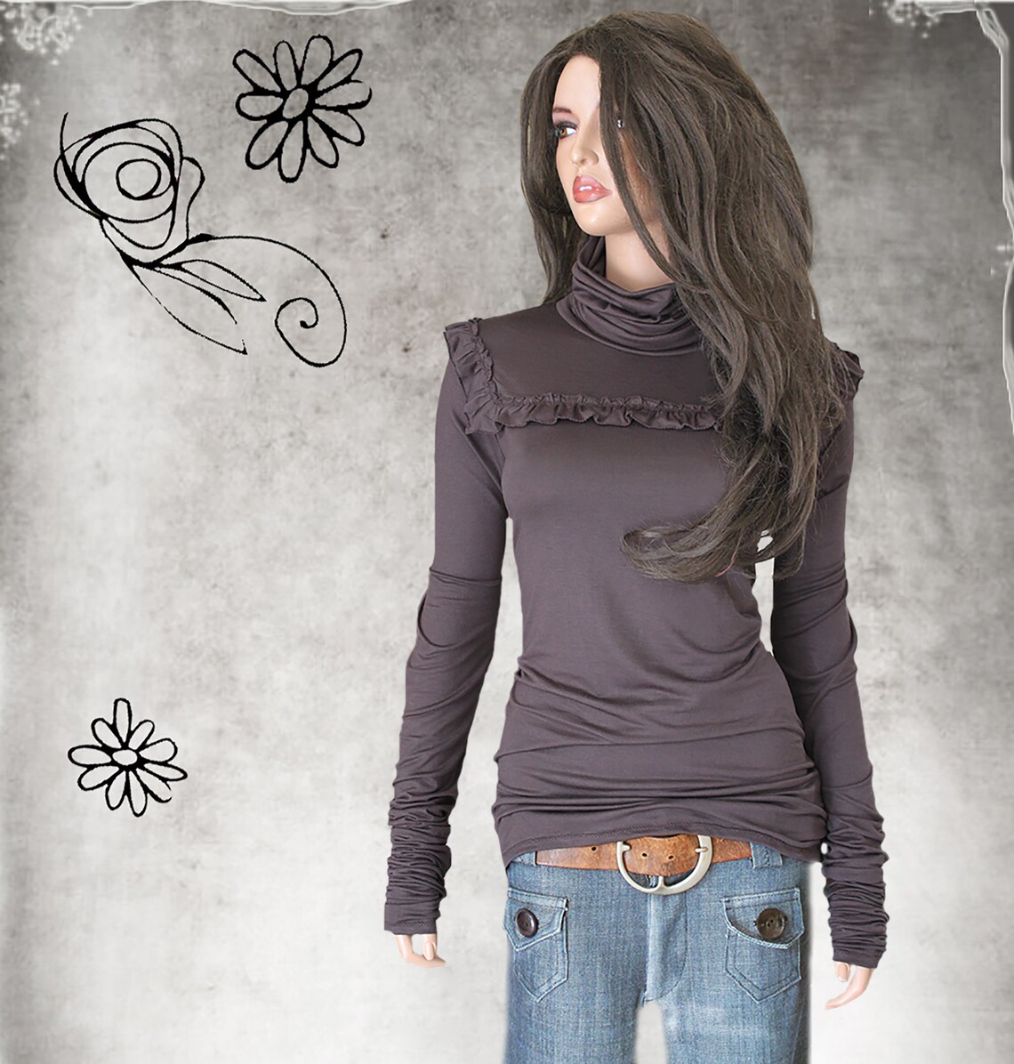 High Turtle Neck Square Chest Ruffle Office Coordinate - Etsy