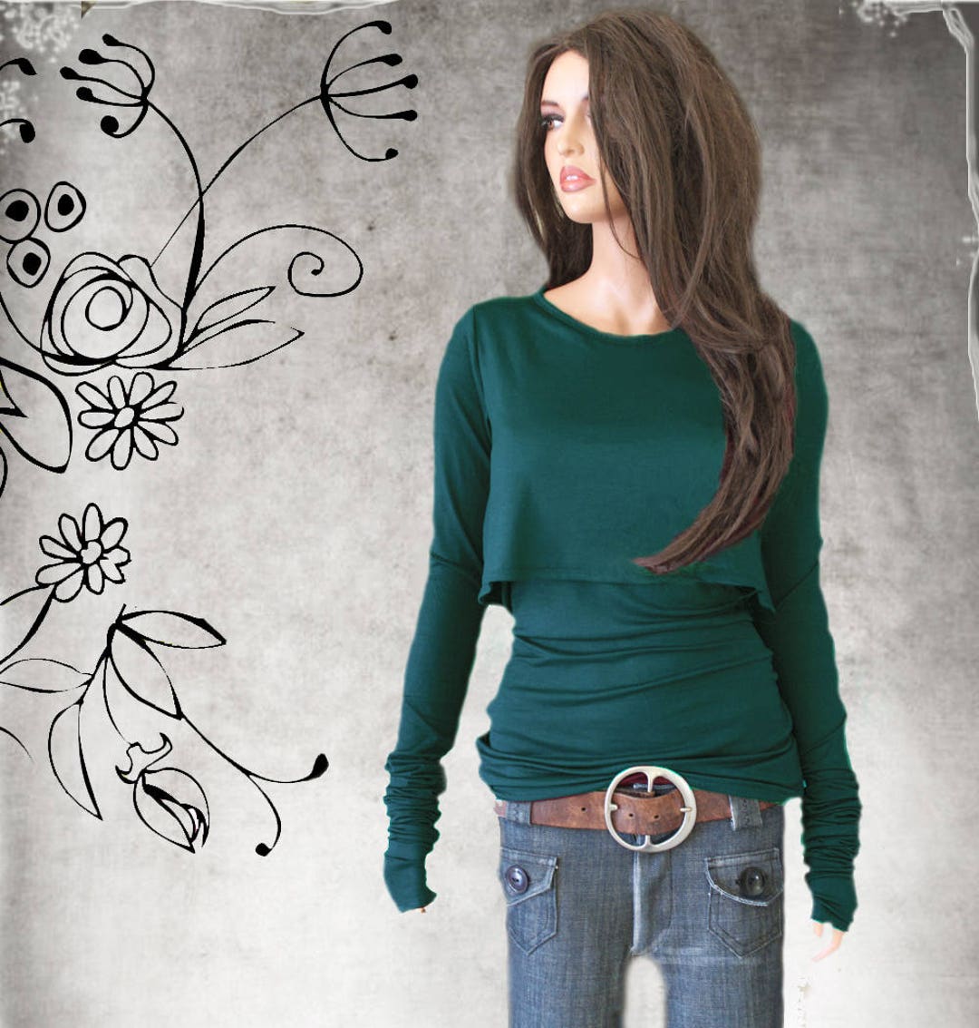 Woman Overlay Front Back Top, Wide Crew, Extra Long Sleeves, Tratgirl ...