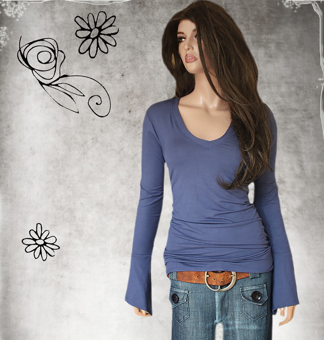 Cuff Flare Top Extra Long Sleeve Deep V Neck Woman Layering Coordinate ...