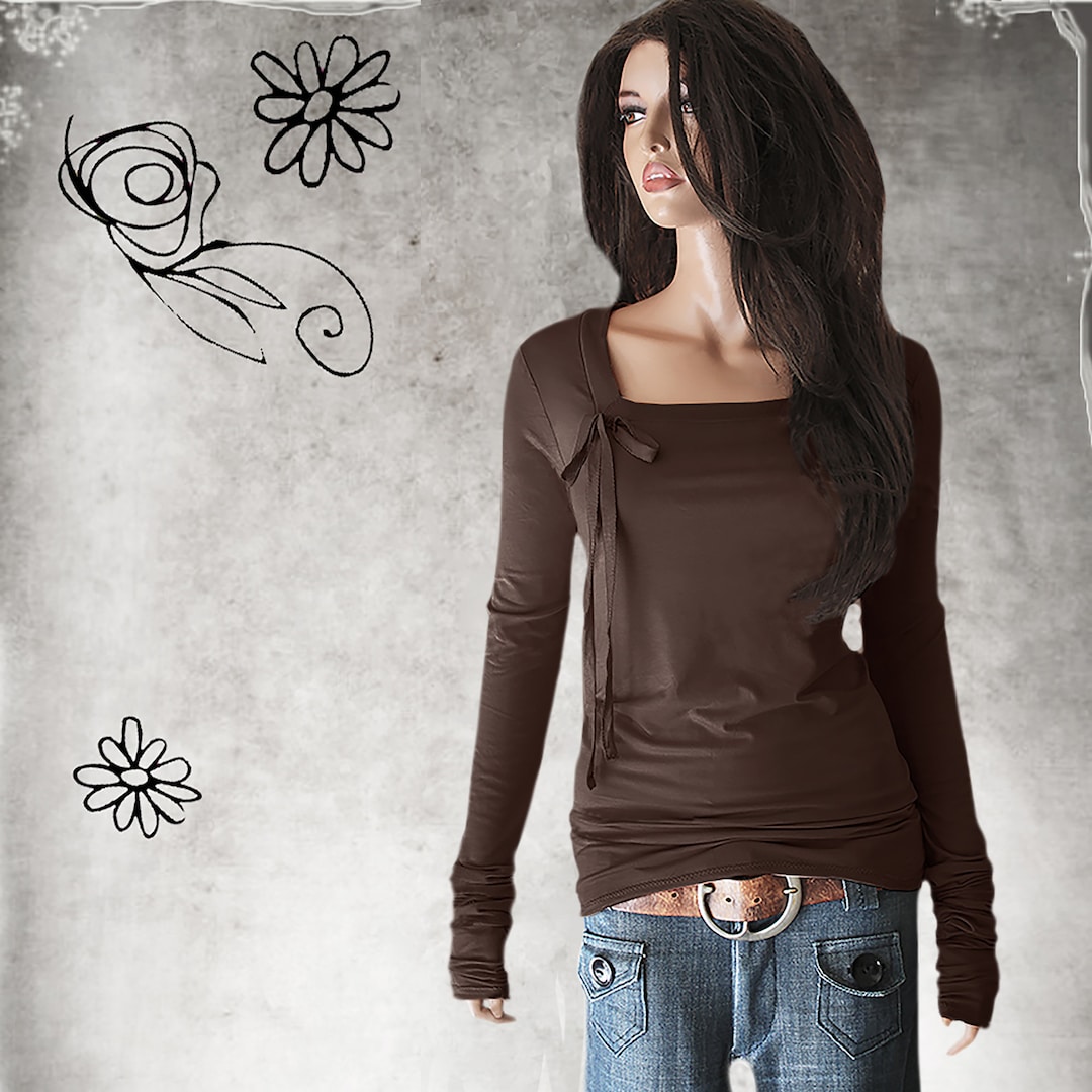 Square Neck Brown Top, Pull Over Knit Woman, Side Bow Optional, Office ...