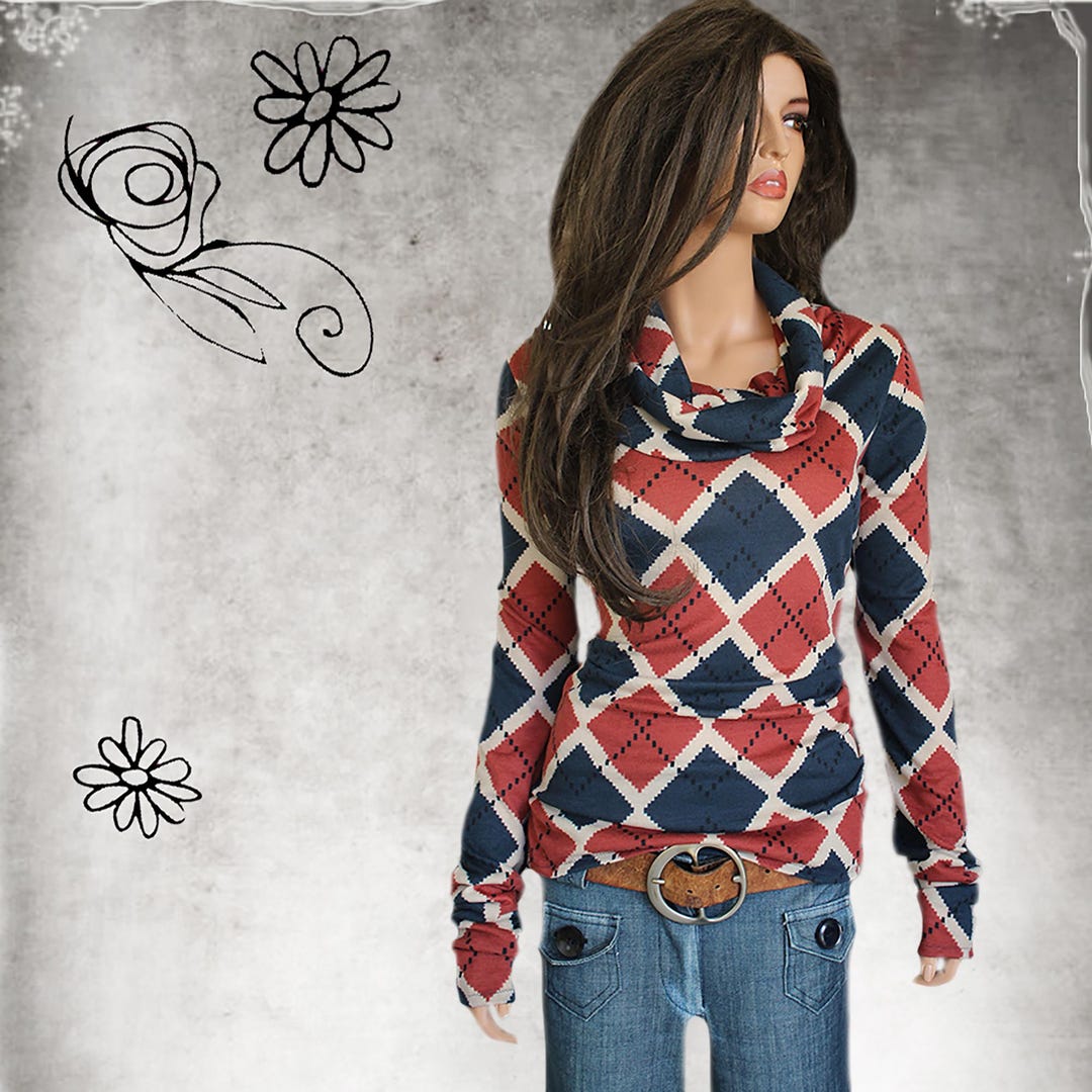 Sweater Cowl Neck, Argyle Rust Navy, Pull Over Top, Extra Long Sleeves, Tratgirl - Etsy