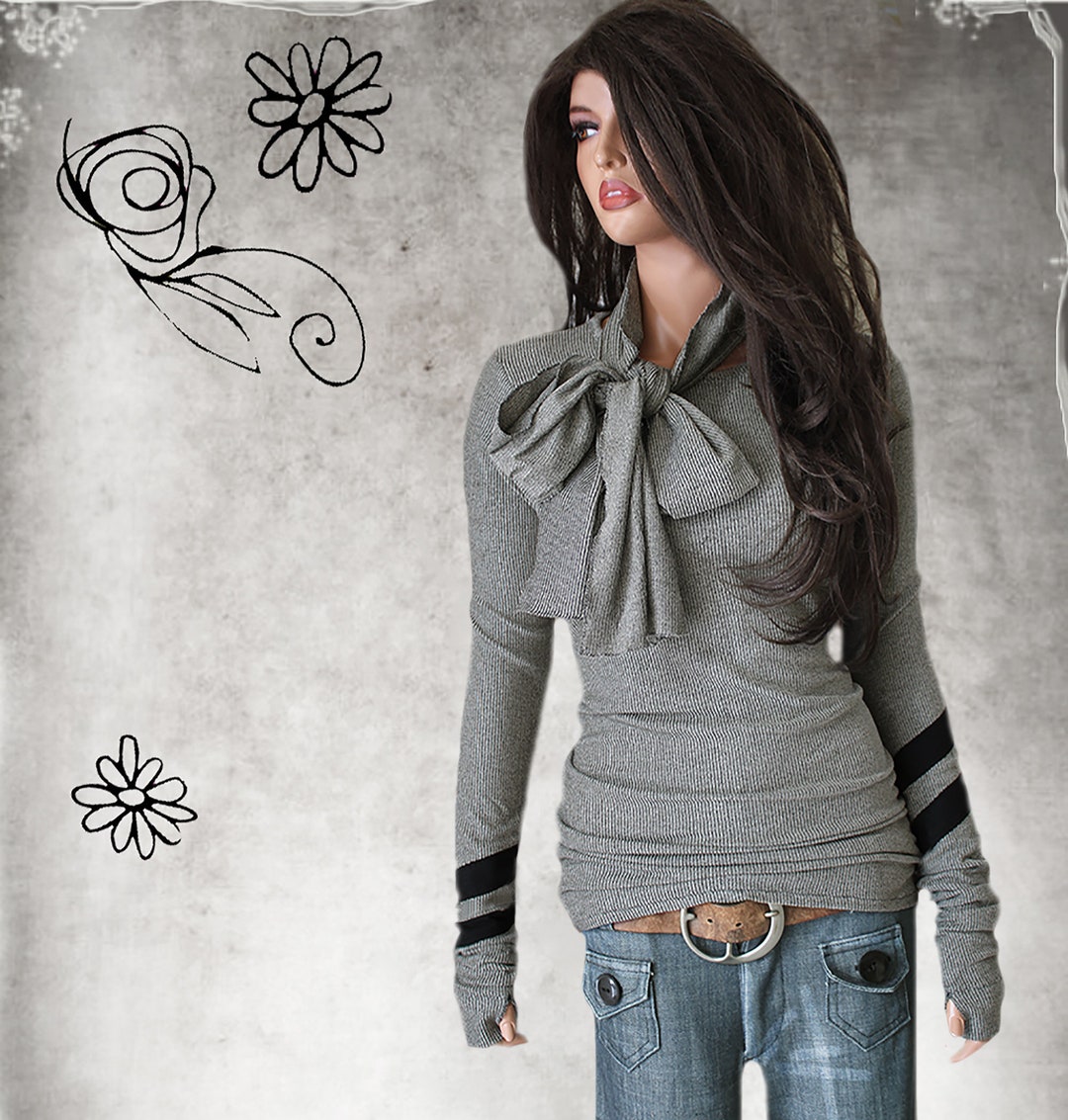Sweater Gray Heather Woman, Removable Neck Tie, Thumbhole Sleeve ...