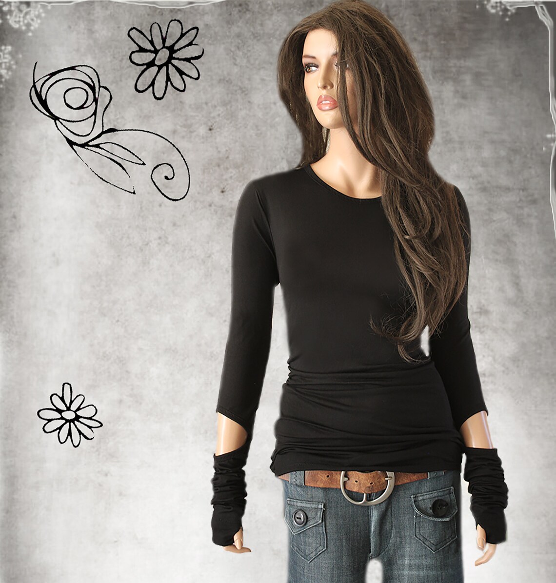 Thumbhole Extra Long Sleeve Cut Out Woman Knit Crew Neck - Etsy