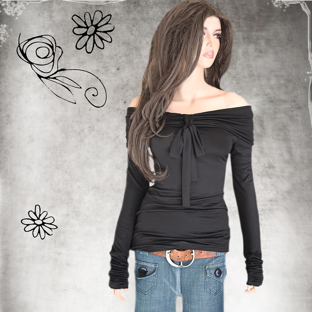 Off Shoulder Fold Over Collar, Front Tie Bow Adjustable, Extra Long ...