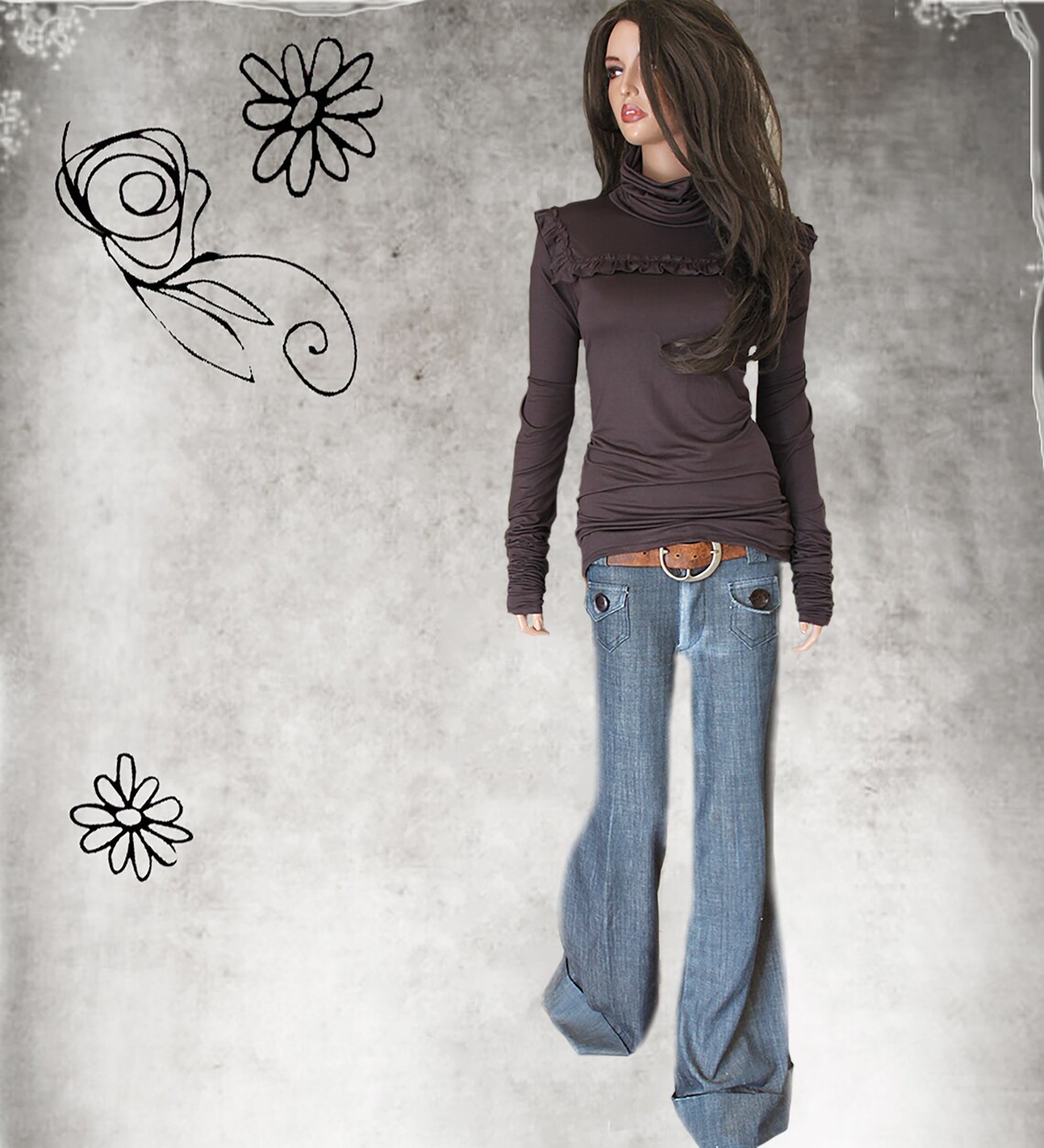 High Turtle Neck Square Chest Ruffle Office Coordinate - Etsy