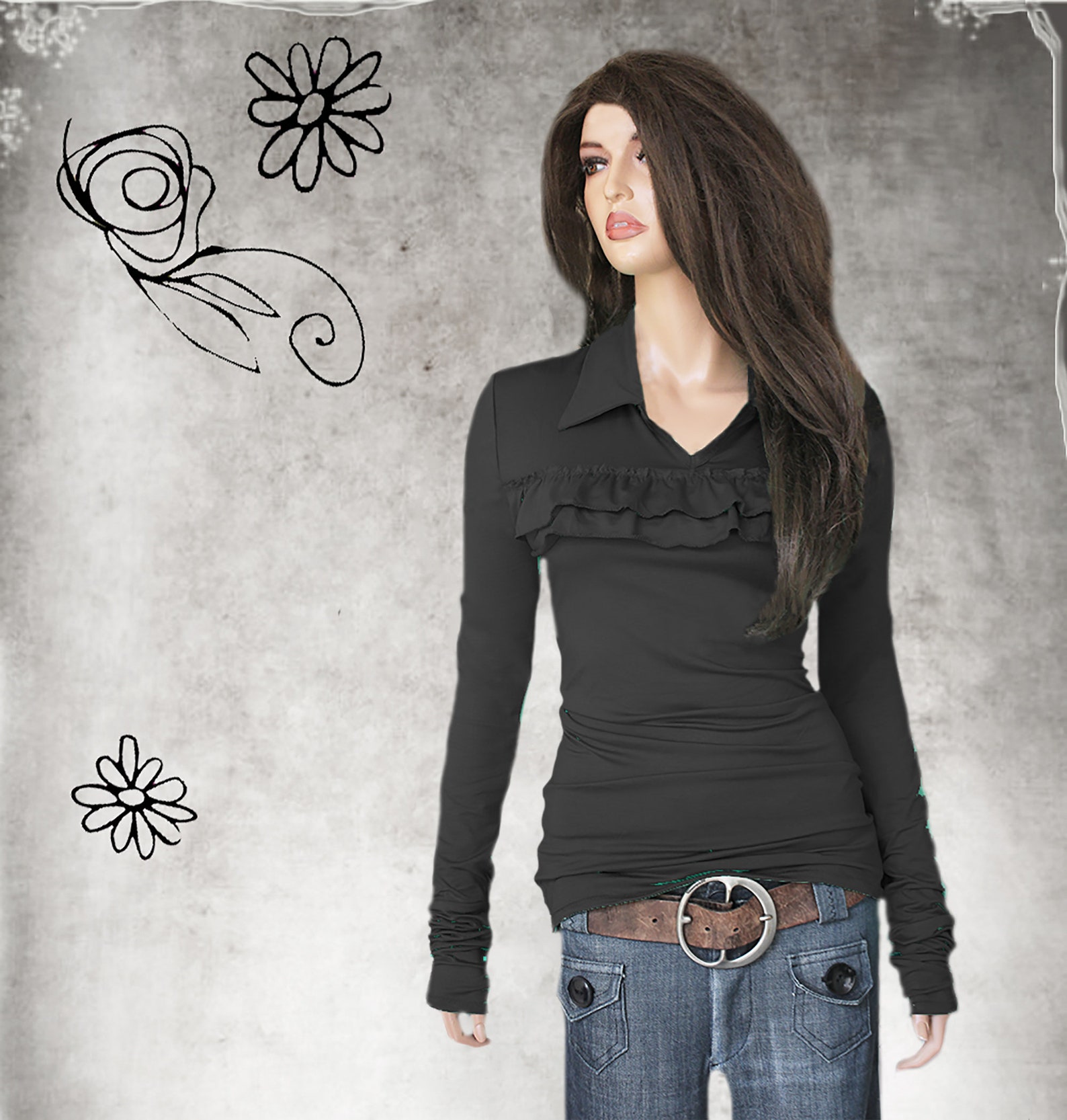 Collar Knit Top Ruffle Front Knit Extra Long Sleeve - Etsy