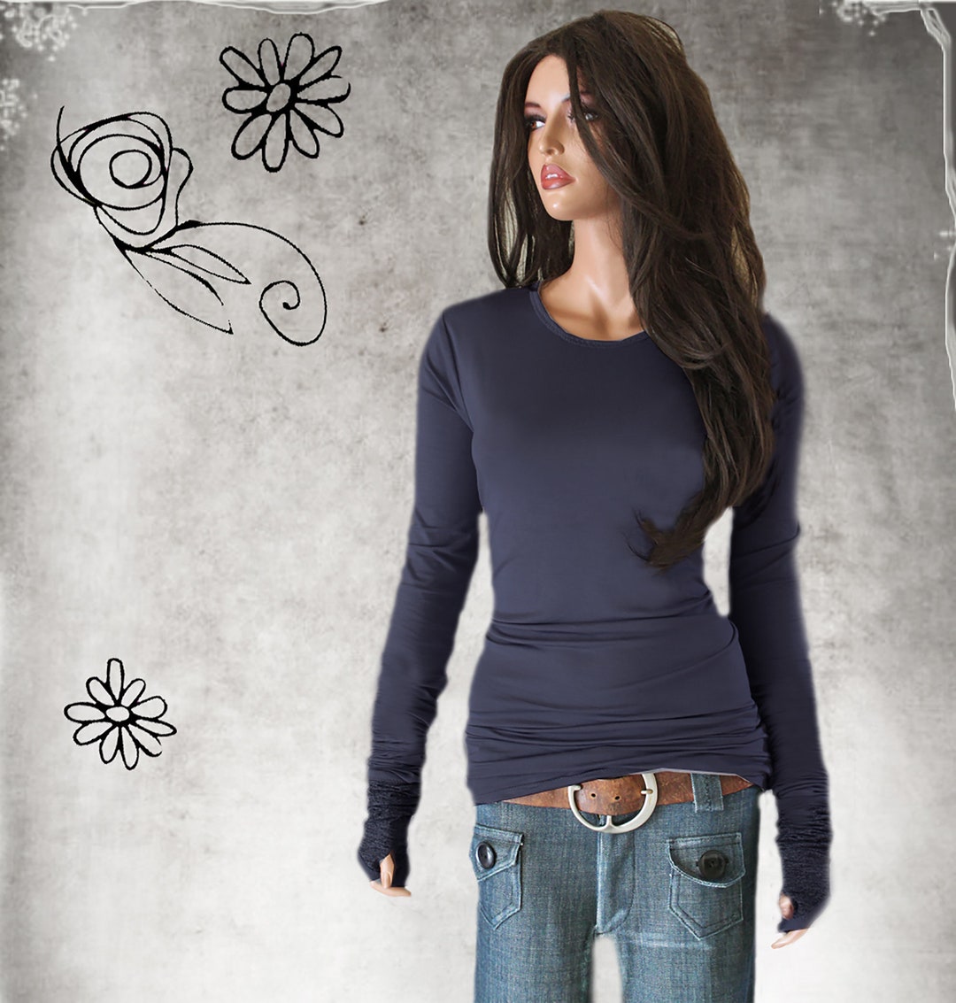 Lace Thumbhole Top ,crew Neck Tee, Extra Long Sleeve, Pull Over Shirt ...