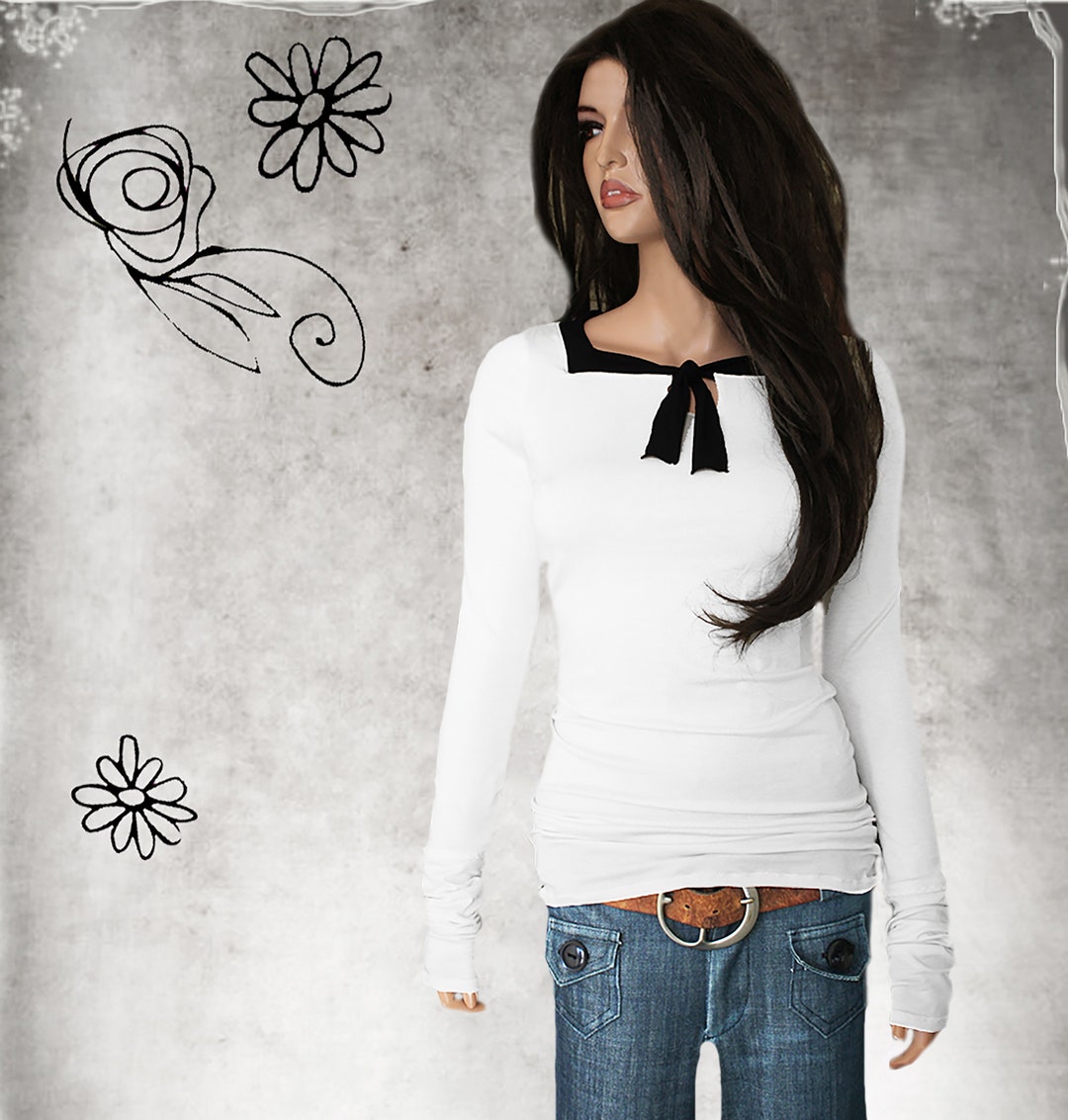 Square Neck Tie Front Contrast Neck Extra Long Sleeves Pull Over Knit ...