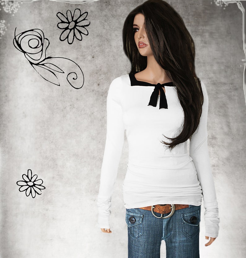 Square Neck Tie Front Contrast Neck Extra Long Sleeves Pull Over Knit ...
