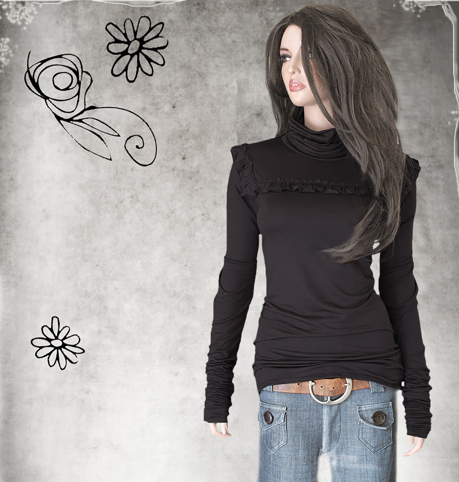 High Turtle Neck Square Chest Ruffle Office Coordinate - Etsy