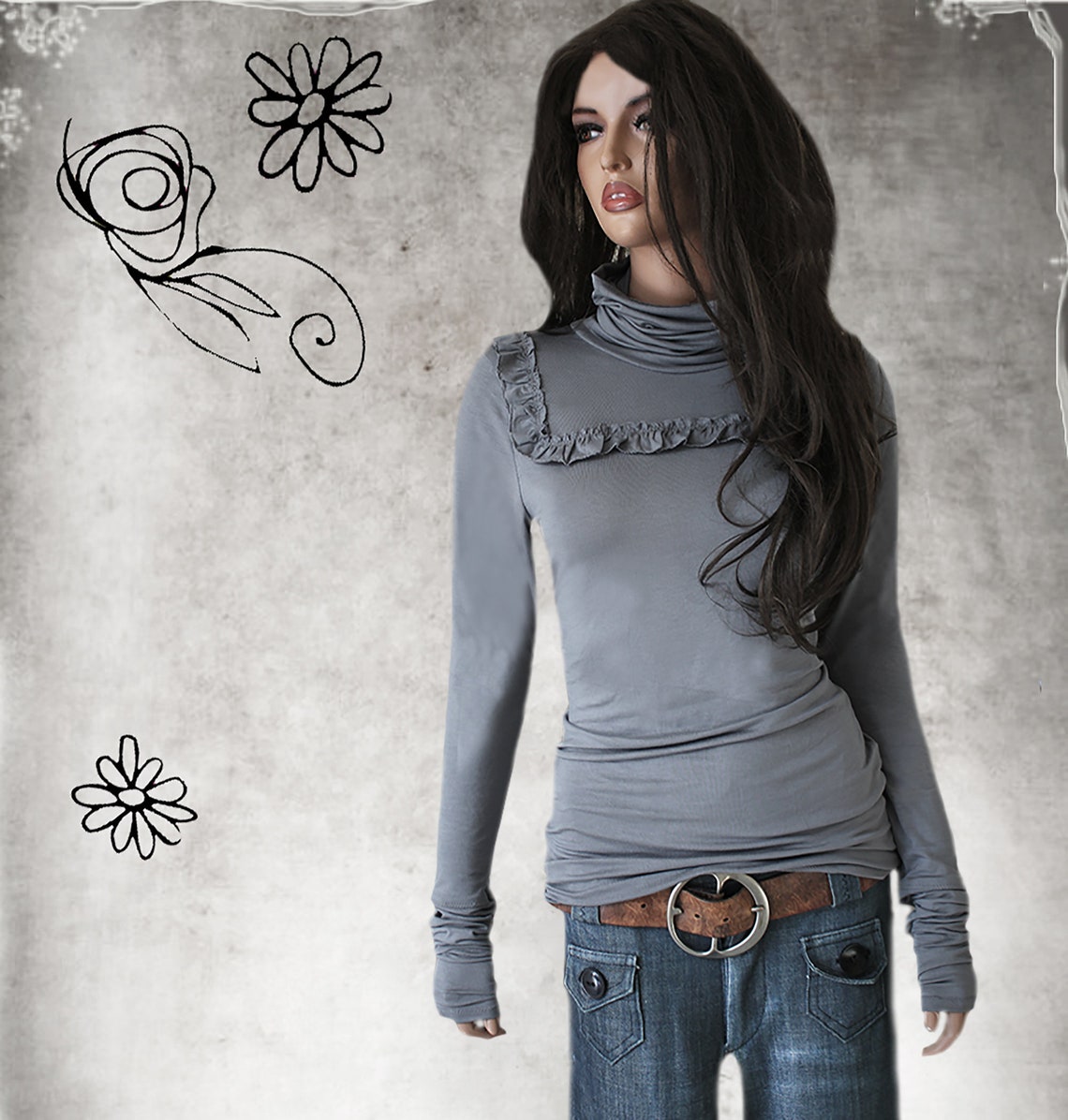 High Turtle Neck Square Chest Ruffle Office Coordinate - Etsy