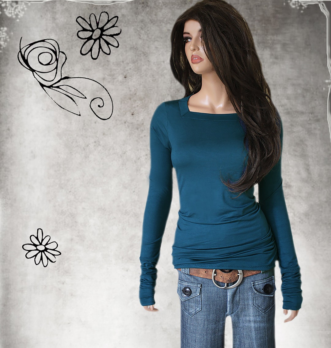 High Square Neck Top, Extra Long Sleeves, Pull Over Knit , Office ...