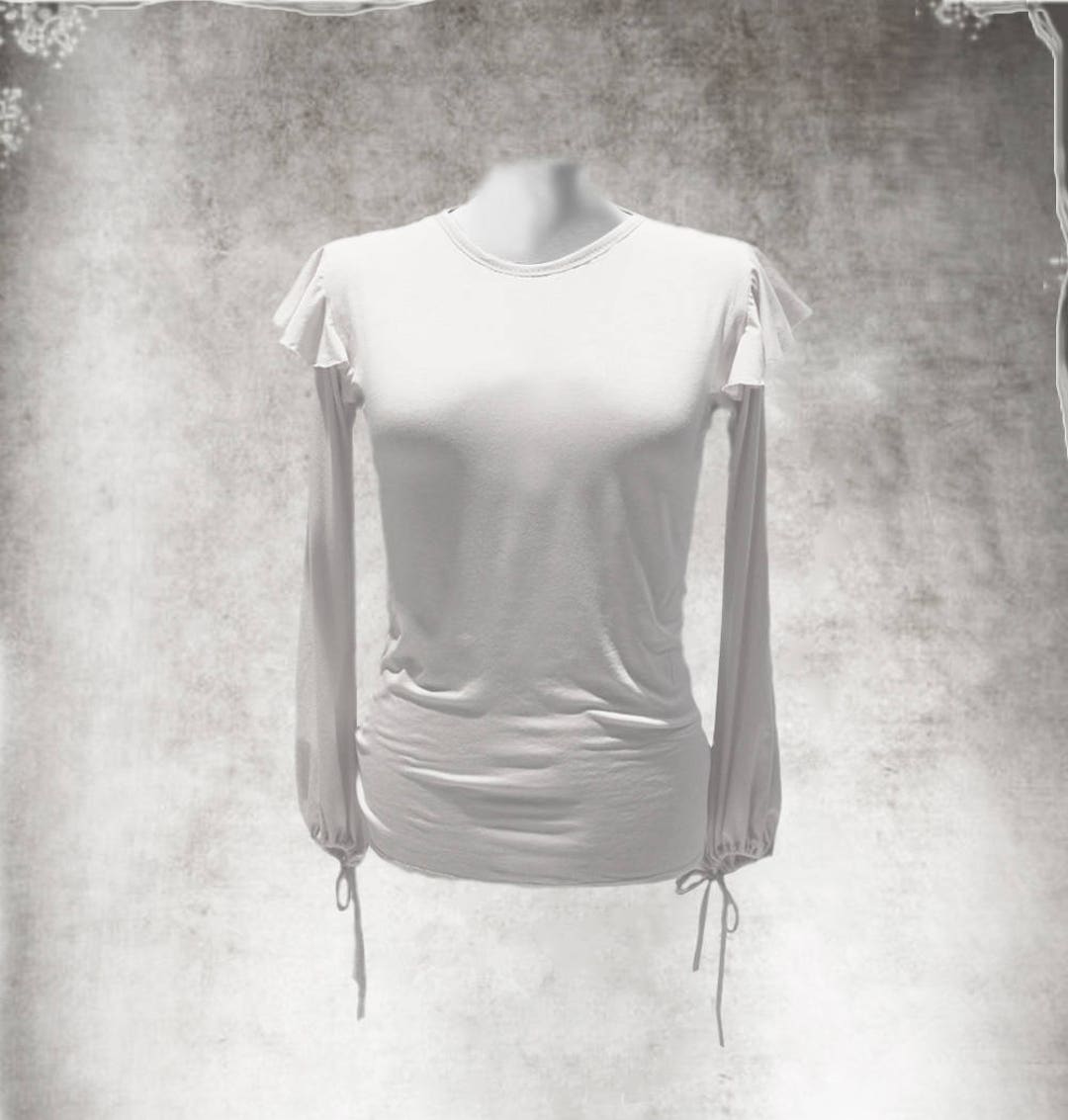 Ruffle Shoulder Top - Woman White Shirt - Crew Neck - Blouson Cinch ...