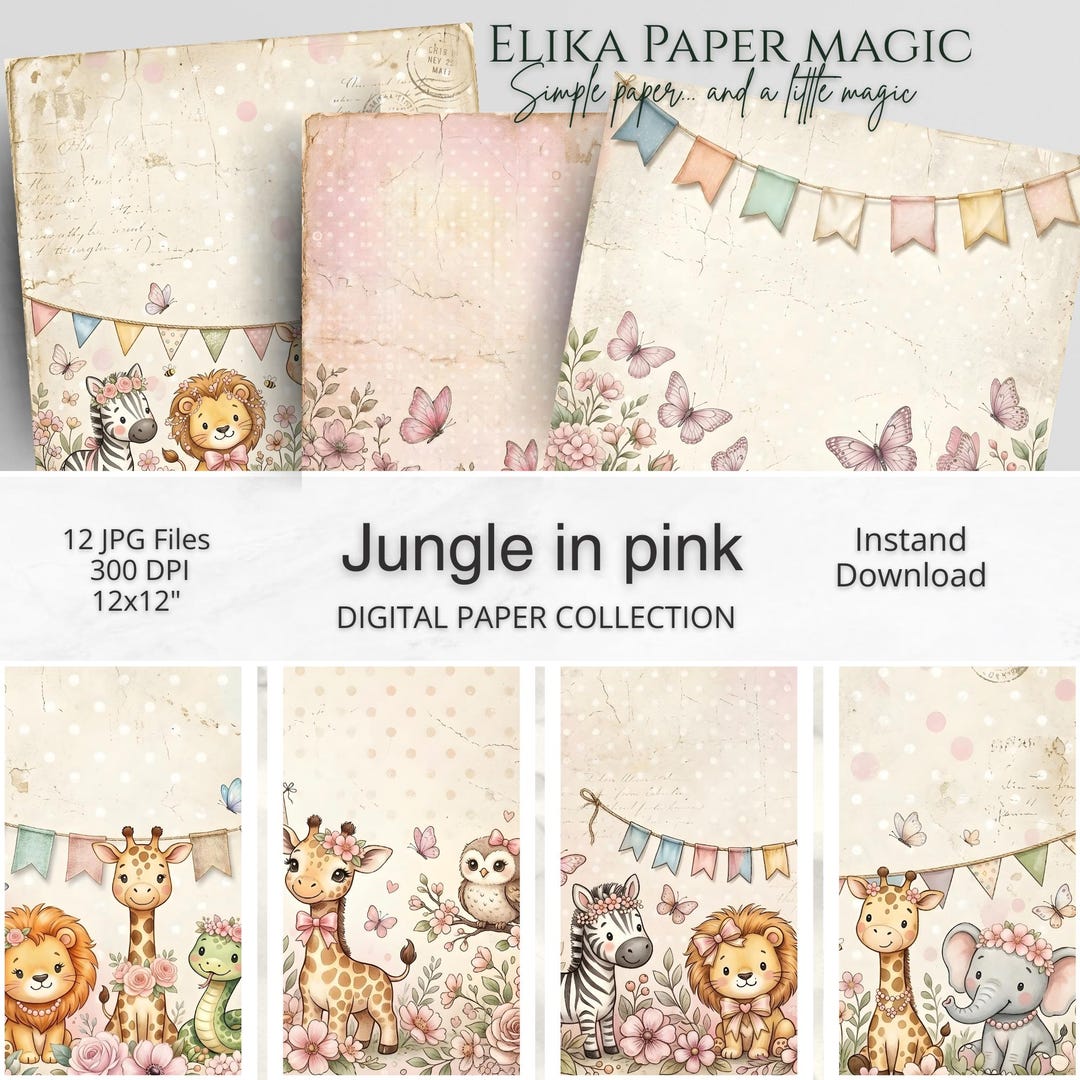 Pink Jungle Animals Digital Paper Pack, Baby Girl Safari Nursery ...