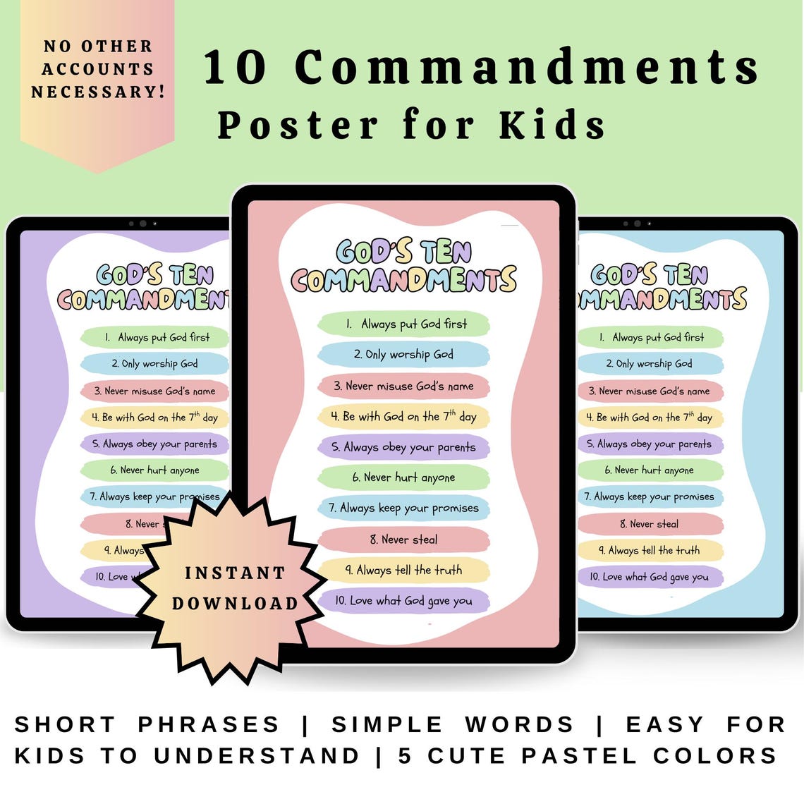 God's Ten Commandments Poster for Kids - Printable Wall Art in 5 Colors ...