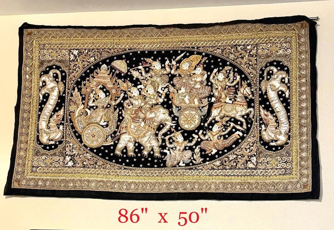 Vintage Burmese Kalaga Tapestry 86" X 50" Elephants Embroidery Sequins ...