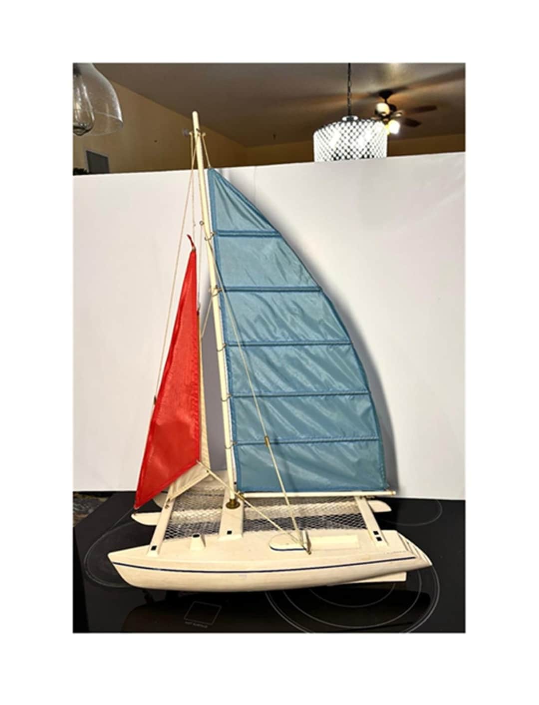 Vintage TWIN HULL Single Mast SAILBOAT *model is 28" Tall X 19.5" X 11. ...