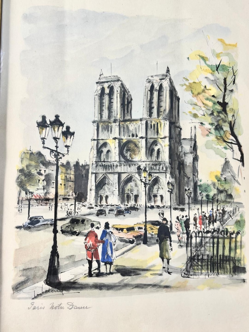 Paris NOTRE DAME Watercolor C. 1940's Original Print! 18" X 14" Inches ...