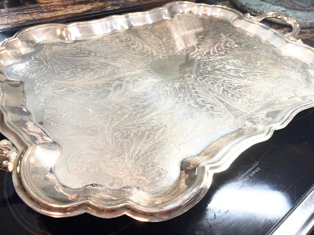 LARGE Silver Serving Platter With Raised Footings & Engraved Artistry ...