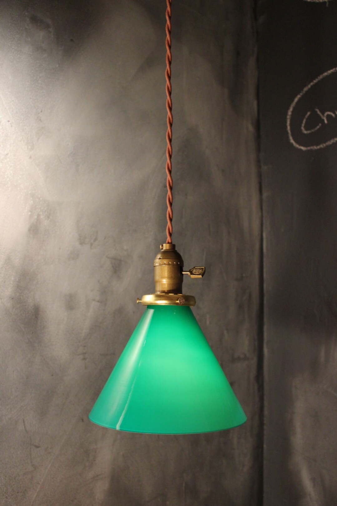 Vintage Gaming Pendant Light With Green Glass Cone Shade - Industrial ...