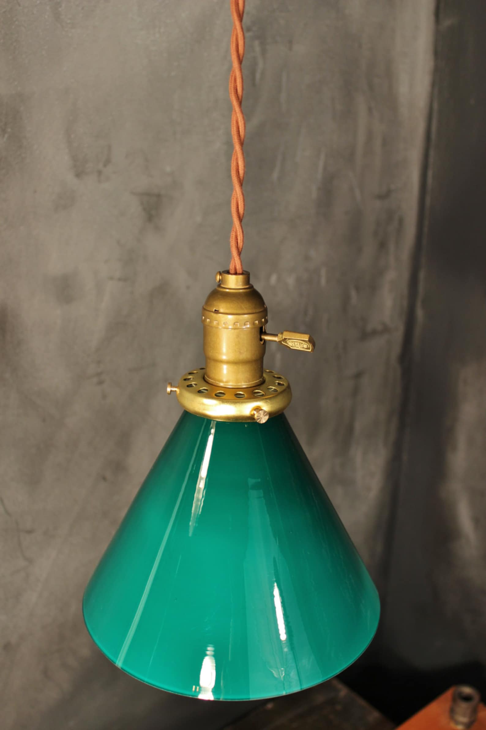Vintage Gaming Pendant Light With Green Glass Cone Shade - Industrial ...