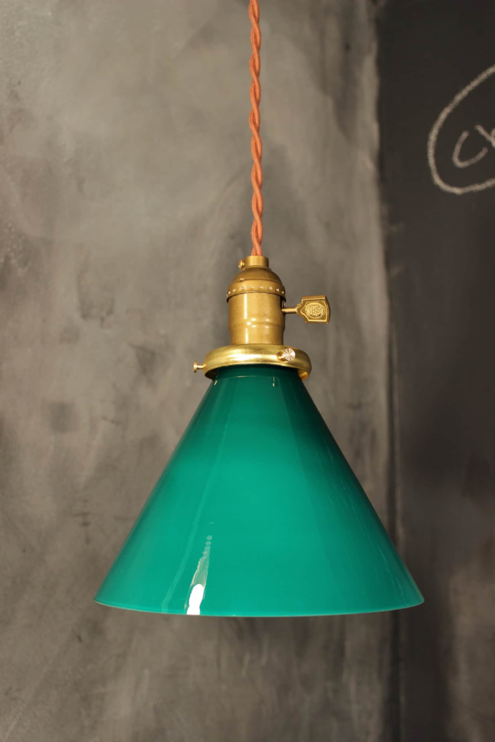 Vintage Gaming Pendant Light With Green Glass Cone Shade - Industrial ...