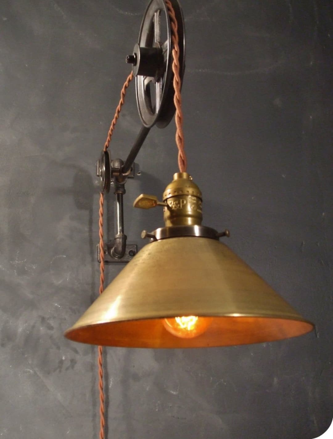 Vintage Industrial Pulley Light - Brass Cone Shade - Industrial Pulley ...
