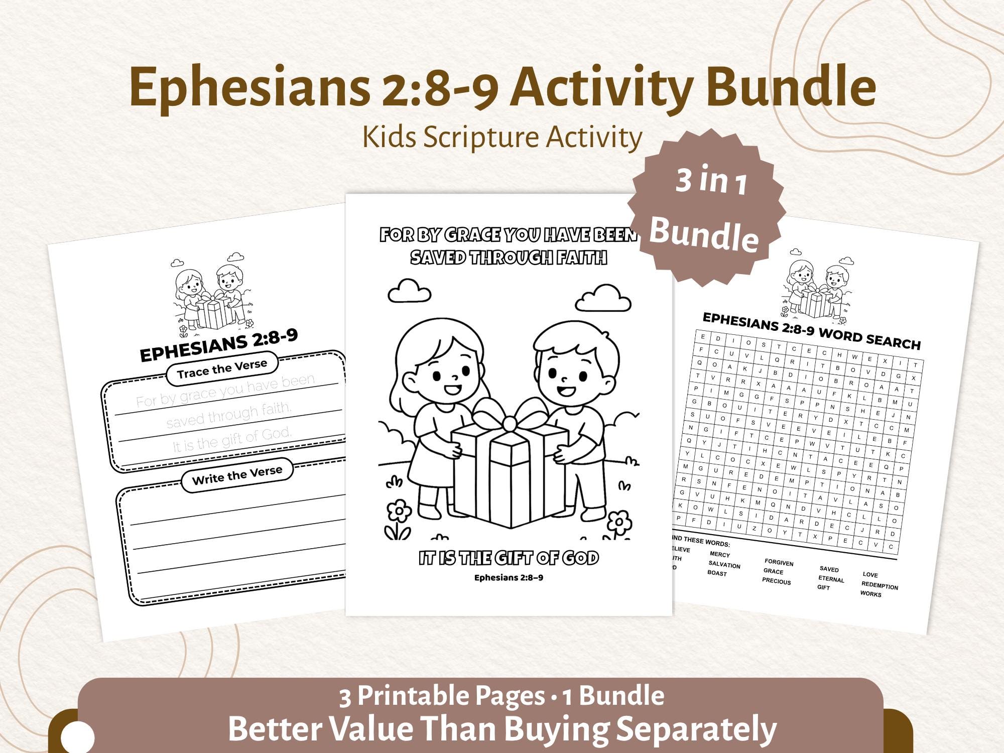 Ephesians 2:8-9 Activity Bundle for Kids | Coloring Tracing Word Search ...