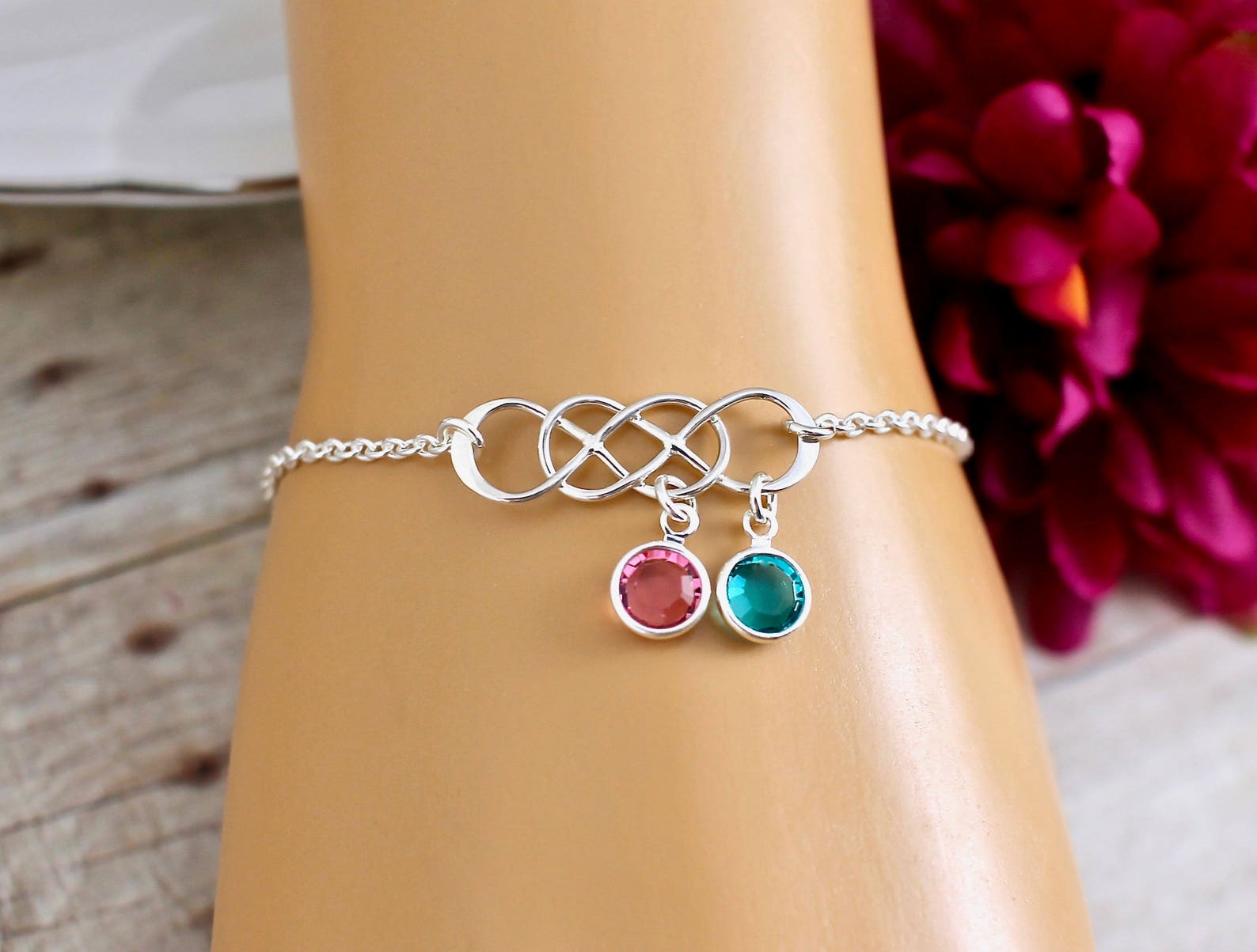 Double Infinity Bracelet, Infinity Bracelet With Birthstones, Sterling ...