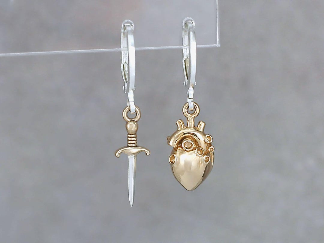 Medieval Dagger Heart Mismatched Earrings, Gothic Anatomical Heart ...