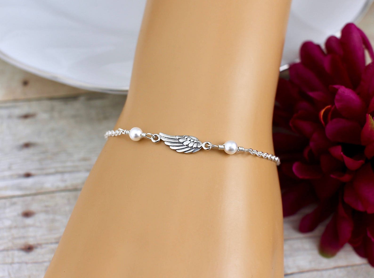 Angel Wing Bracelet Sterling Silver Angel Wing Pearl - Etsy
