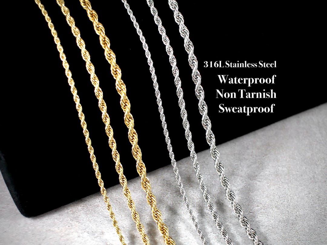 Waterproof Non Tarnish Gold or Silver Rope Chain Necklace, Stainless ...