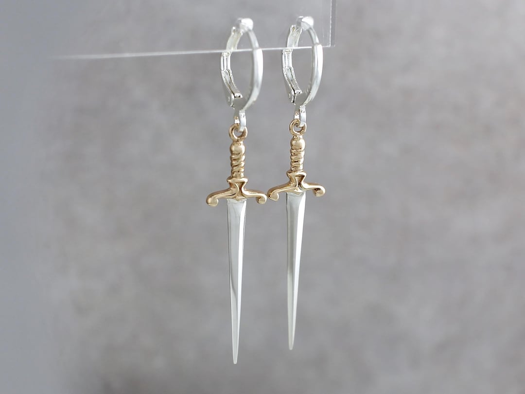 Huggie Hoop Sword Earrings, Stud Earrings, Sterling Silver, Sword ...