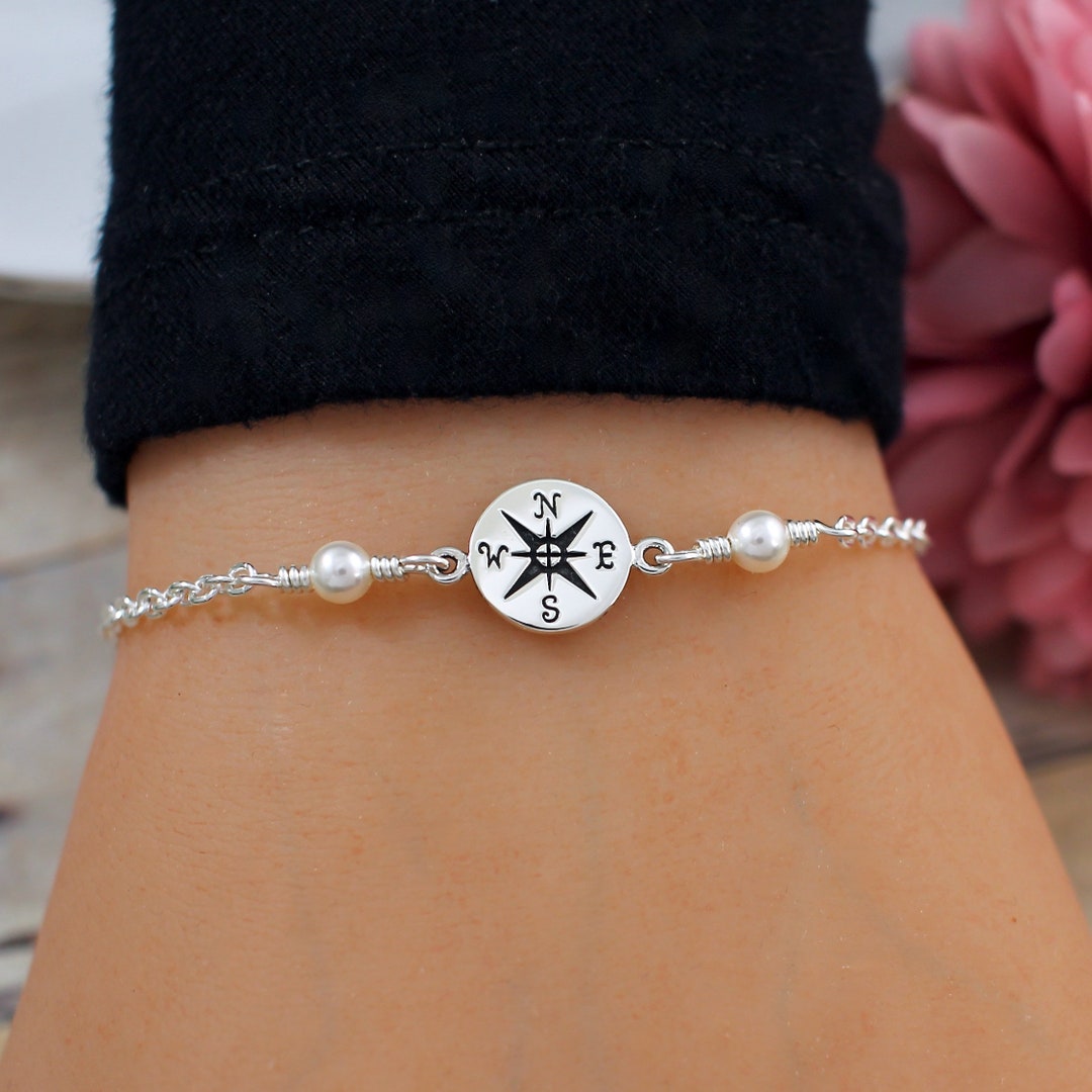 Compass Bracelet, Sterling Silver, Pearl Bracelet, Retirement Bracelet ...