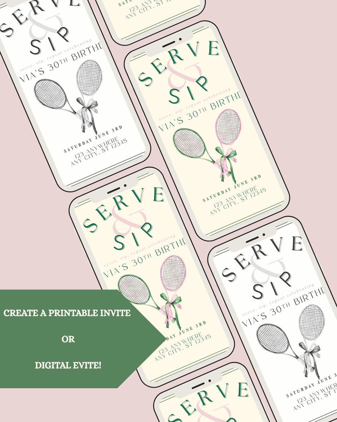 Serve and Sip Invitation | Tennis Birthday Party Canva Template ...