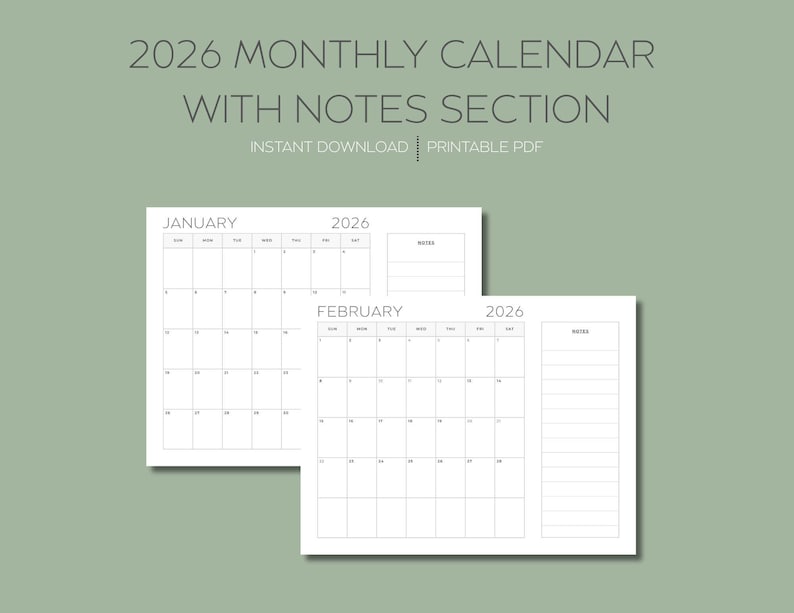 2026 Monthly Calendar Printable PDF With Notes Section | Minimalist ...