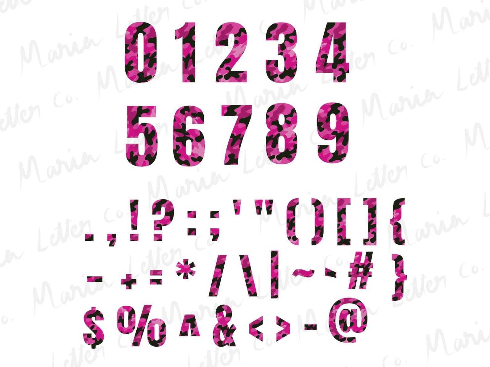 Pink Camo Alphabet PNG Bundle: Sublimation Letters, Numbers, Symbols ...