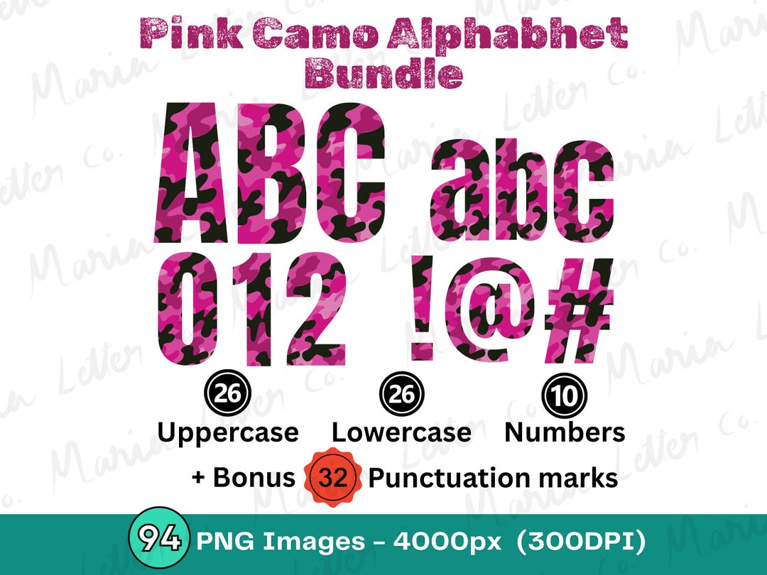 Pink Camo Alphabet PNG Bundle: Sublimation Letters, Numbers, Symbols ...