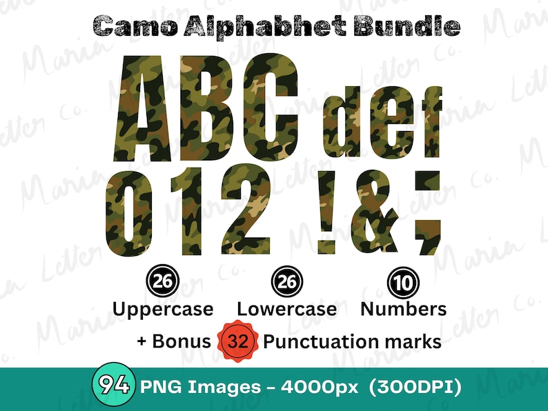 Camo Alphabet Letters PNG, Uppercase, Lowercase, Numbers, Symbols ...
