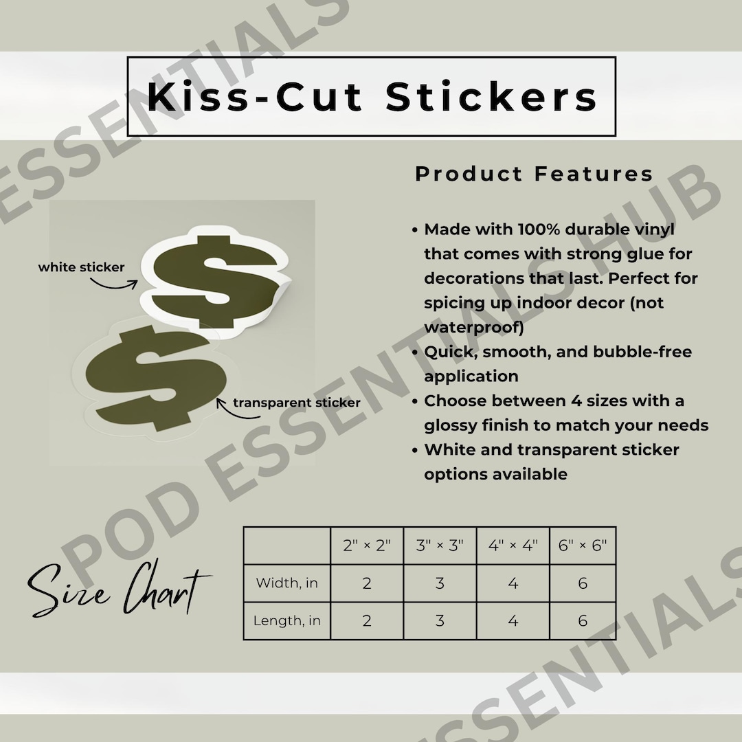 Kiss-cut Stickers Size Chart & Product Features Instant Download PNG ...