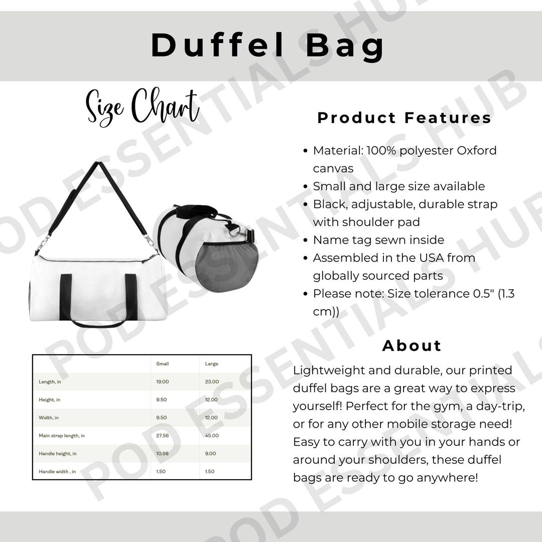 Duffel Bag Size Chart & Product Features Instant Download PNG, Info ...