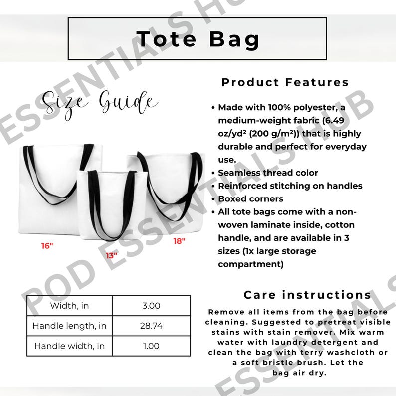 Tote Bag Size Chart & Product Features Instant Download PNG, Tote Bag ...