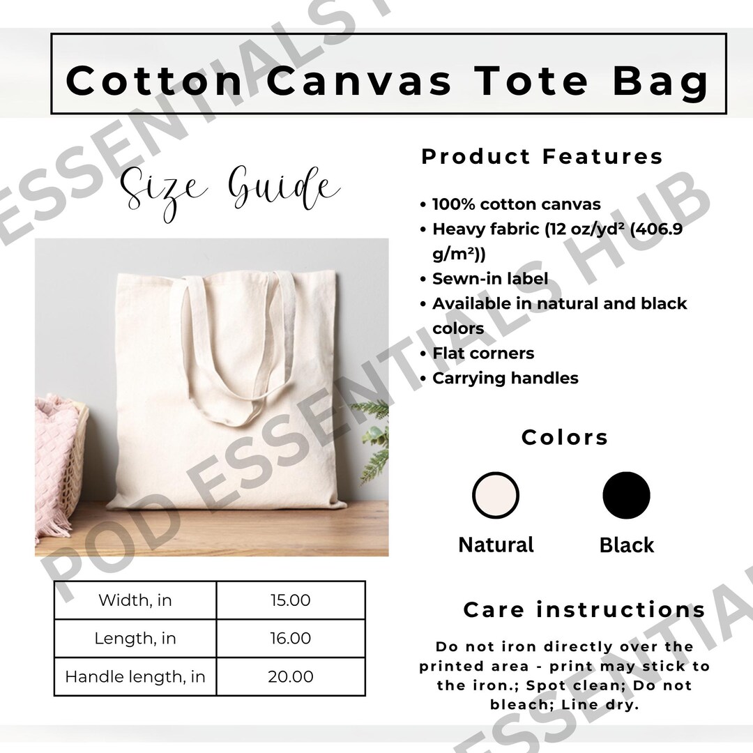Cotton Canvas Tote Bag Size Chart & Product Features Instant Download ...