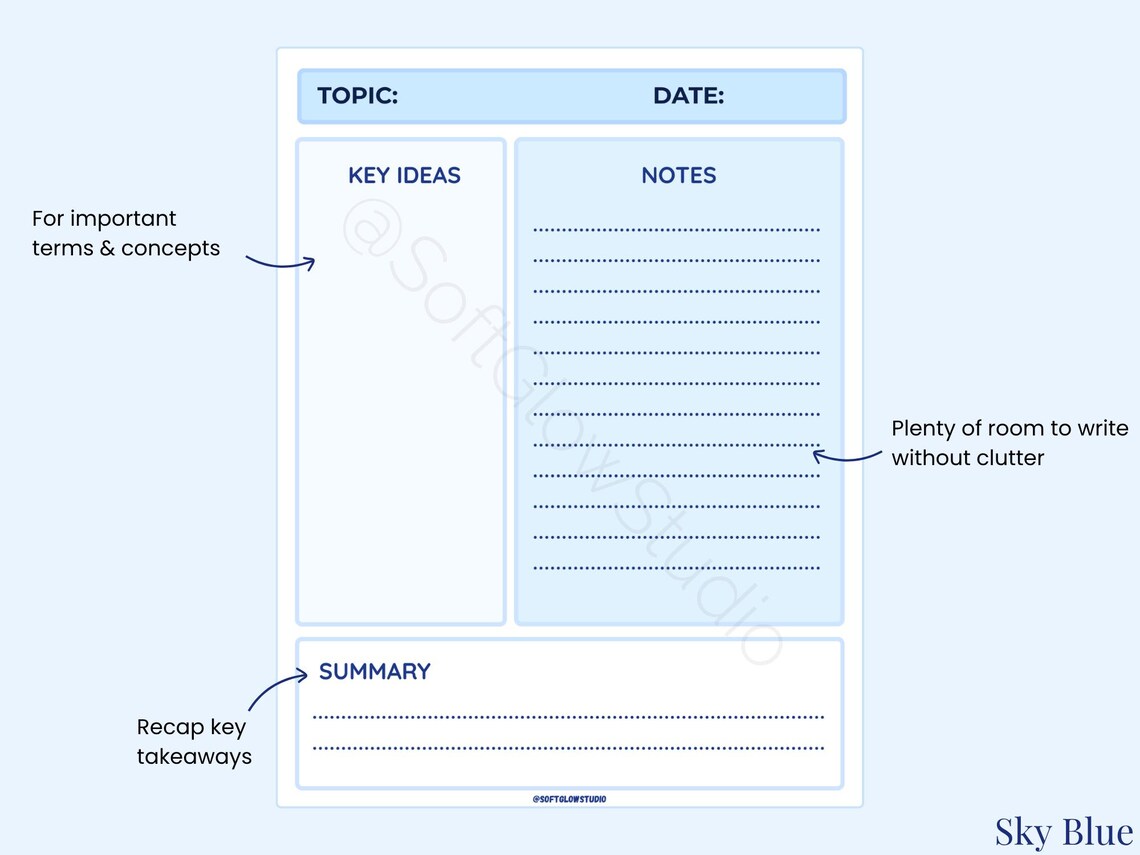Sky Blue Cornell Notes Template: Printable PDF, Goodnotes & Notability ...