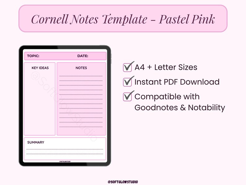 Pastel Pink Cornell Notes Template, Goodnotes & Notability Compatible ...